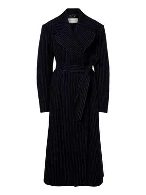 Dries Van Noten Belted Pinstriped Wool Coat - Blue