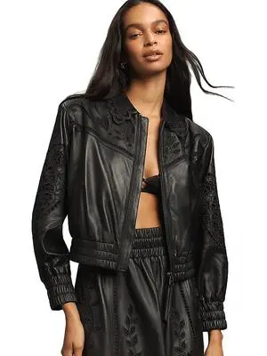 Farm Rio Richelieu Leather Bomber Jacket - Black