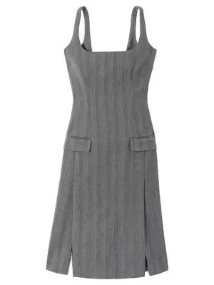 FERRAGAMO Striped Herringbone Wool-blend Dress - Gray