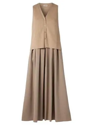 Staud Layered Cotton And Cashmere-blend And Pleated Crepe Midi Dress - Neutrals