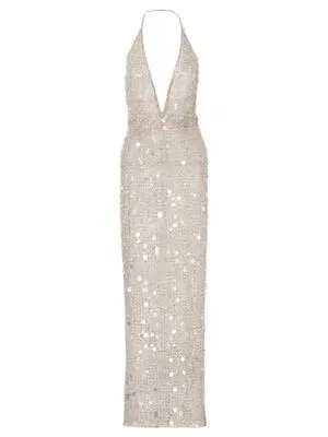 Carolina Herrera Embellished Plunging Halter Gown - Nude