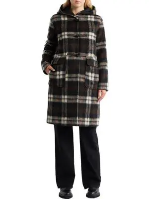 Bernardo Plaid Toggle Hooded Coat - Brown Cream