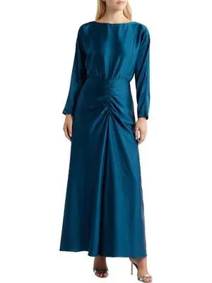 Julia Jordan Ruched Detail Long Sleeve Satin Gown - Teal