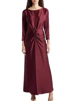 Julia Jordan Ruched Detail Long Sleeve Satin Gown - Wine