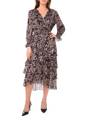 Vince Camuto Floral Metallic Stripe Long Sleeve Tiered Maxi Dress - Rich Black