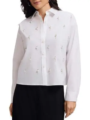 Foxcroft Faux Pearl Embellished Button-up Shirt - White