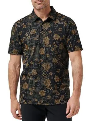 Travis Mathew Speaking My Language Floral Short Sleeve Piqué Button-up Shirt - Black