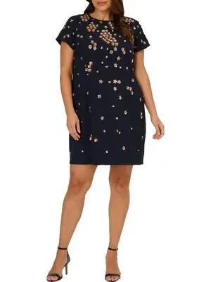 Adrianna Papell Floral Beaded Sequin Cocktail Sheath Dress - Midnight/rosegold