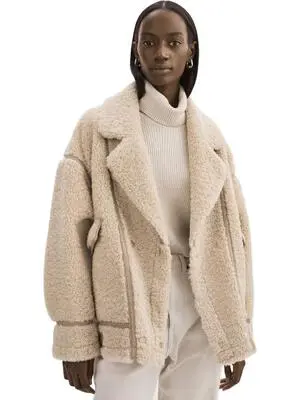 LAMARQUE Oversized Faux Shearling Jacket With Faux Leather Trimmings - Beige