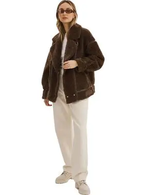 LAMARQUE Oversized Faux Shearling Jacket With Faux Leather Trimmings - Brown