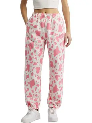 HAPPY CAMP3R Cow Print Fleece Joggers - Cream/pink