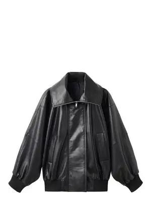 Mango Oversize Leather Bomber Jacket - Black
