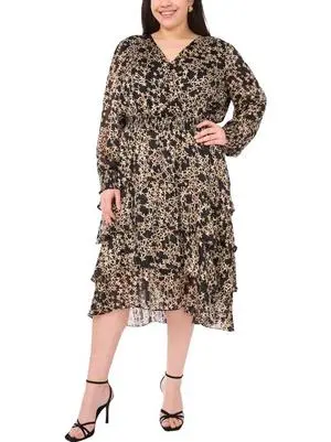 Vince Camuto Metallic Floral Long Sleeve Midi Dress - Rich Black