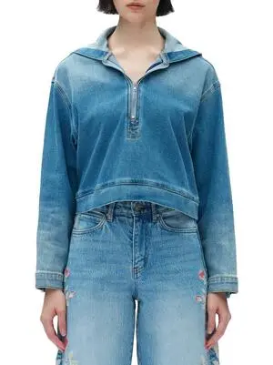 BAYEAS Denim Crop Hoodie - Vintage Medium Blue