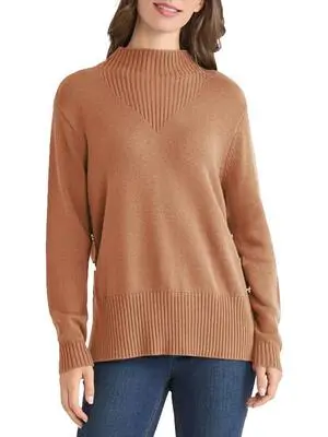 Jones New York Button Detail Ribbed Funnel Neck Sweater - Caramel