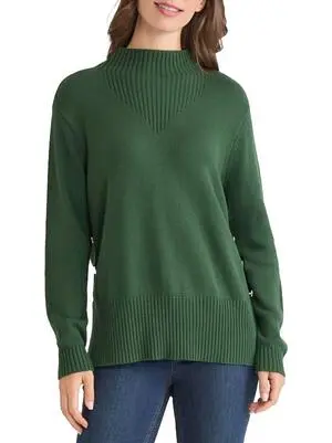 Jones New York Button Detail Ribbed Funnel Neck Sweater - Forest Green