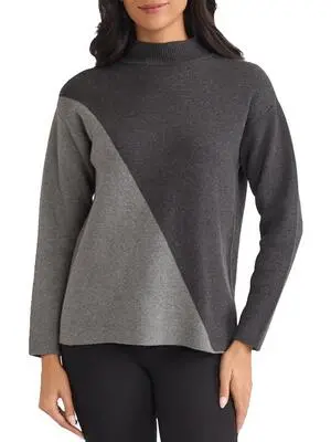 Jones New York Colorblock Mock Neck Sweater - Smoke Heater/light Grey