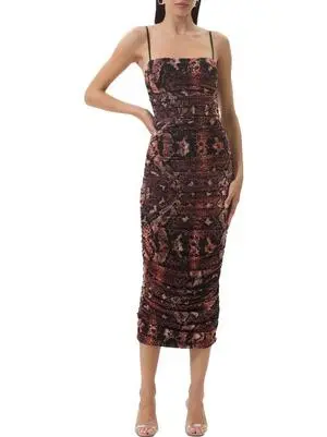 AFRM Hazel Ruched Printed Lace Midi Dress - Scattered Snake