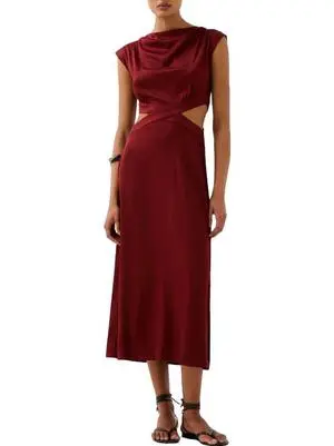 SCALPERS Satin Cut Out Midi Dress - Burgundy