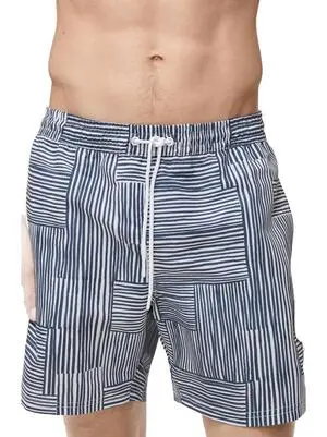 Mango Stripe Print Swim Trunks - Blue