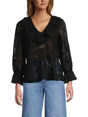 LANDS' END Ruffle Chiffon V-neck Blouse - Black