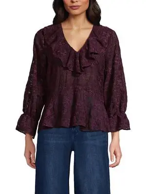 LANDS' END Ruffle Chiffon V-neck Blouse - Lush Burgundy