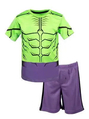 MARVEL Printed T-shirt & Mesh Shorts Set - Avengers The Hulk Green