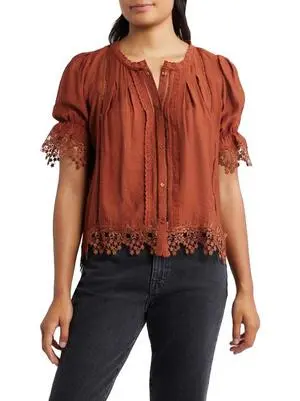 Bobeau Lace Accent Button-up Shirt - Picante
