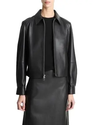 Vince Zip Crop Leather Jacket - Black