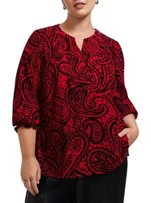 Foxcroft Alicia Velvet Paisley Popover Top - Red/black