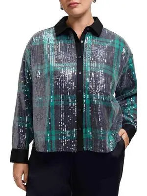 Foxcroft Marina Sequin Button-up Shirt - Navy Blue/multi