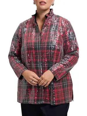 Foxcroft Carolina Sequin Plaid Button-Up Shirt Burgundy Red/multi