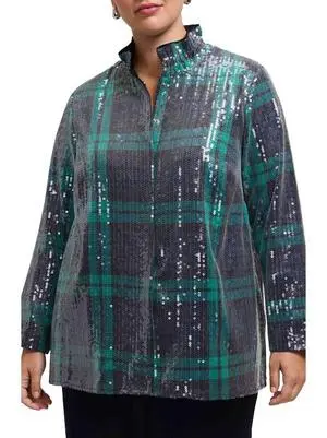 Foxcroft Carolina Sequin Plaid Button-Up Shirt Navy Blue/multi