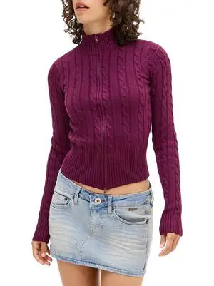 BDG URBAN OUTFITTERS Cable Knit Two-way Zipper Cardigan - Plum