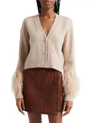 Cinq À Sept Briana Feather Trim Cardigan - Oatmeal