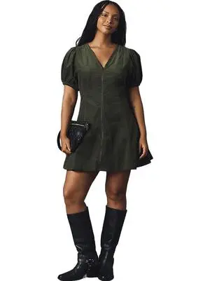 PILCRO Puff-sleeve Corduroy Mini Dress - Olive