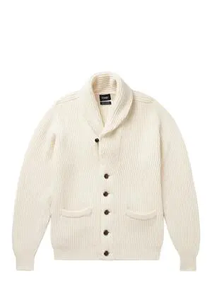 DRAKE'S Shawl-collar Ribbed Wool Cardigan - White