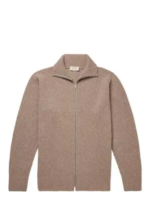 John Smedley Mallam Ribbed Cashmere And Merino Wool-blend Zip-up Cardigan - Neutrals