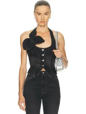 AREA Denim Bow Halter Top - Washed Black