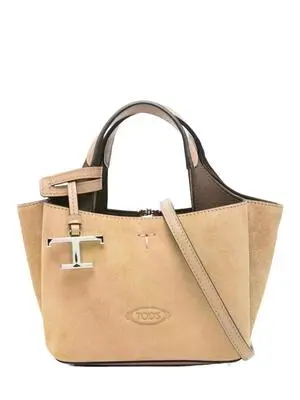 TOD'S Suede Tote Bag With Logo Charm - Neutrals