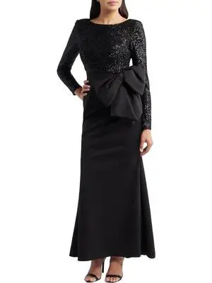 Eliza J Long Sleeve Sequin Mermaid Gown - Black