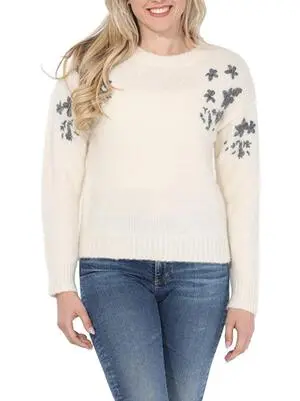 RAIN AND ROSE Floral Embroidered Sweater - Ivory