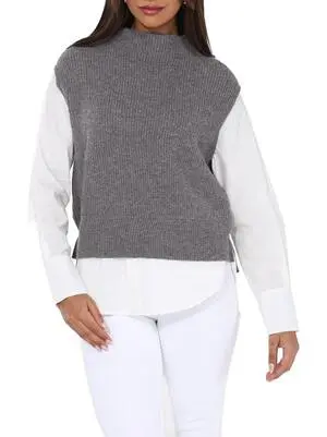 RAIN AND ROSE Mixed Media Layered Look Funnel Neck Sweater Vest - Grey