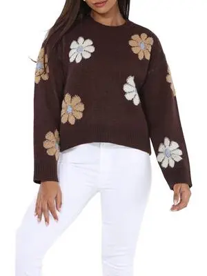 RAIN AND ROSE Floral Appliqué Sweater - Brown