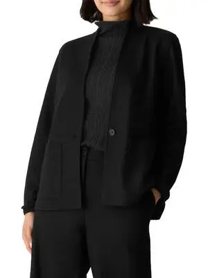 Eileen Fisher High Collar Wool Jersey Jacket - Black