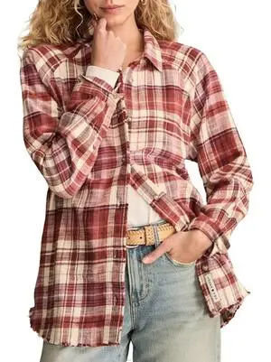 Lucky Brand Plaid Button-up Tunic Shirt - Burgundy Plaid