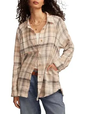 Lucky Brand Plaid Button-up Tunic Shirt - Cream Plaid