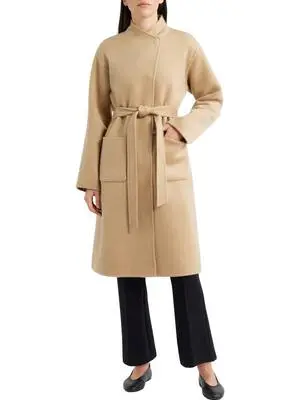Eileen Fisher Belted Stand Collar Wool Coat - Biscuit