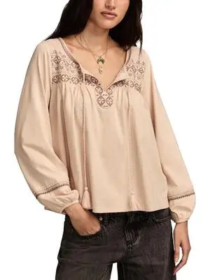 Lucky Brand Embroidered Tie-neck Peasant Top - Apple Cinnamon