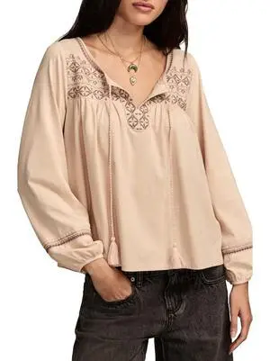 Lucky Brand Embroidered Tie-neck Peasant Top - Peach Blossom